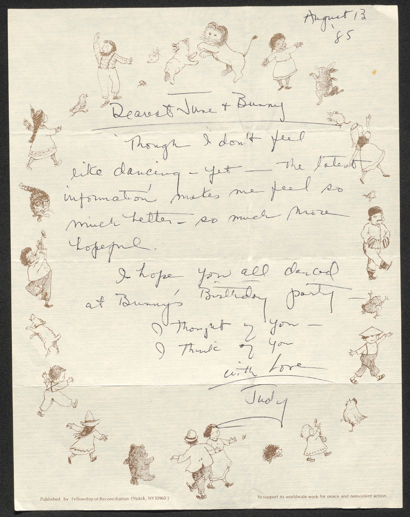 "Hi, Bunny and June!" letter